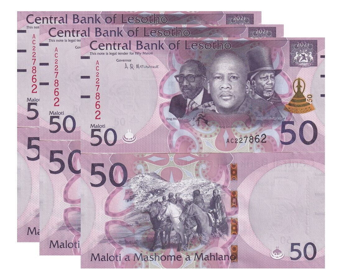 Lesotho 50 Maloti 2021 P 28 New Symbol + Sign UNC LOT 3 PCS – Noteshobby