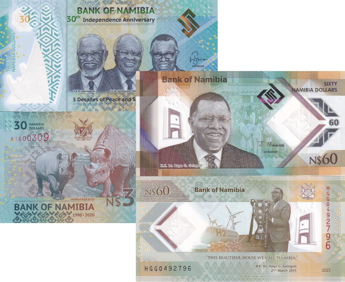 Namibia SET 2 UNC 30 60 Dollars Commemorative 2020 2025 P 18 19 Polyme ...
