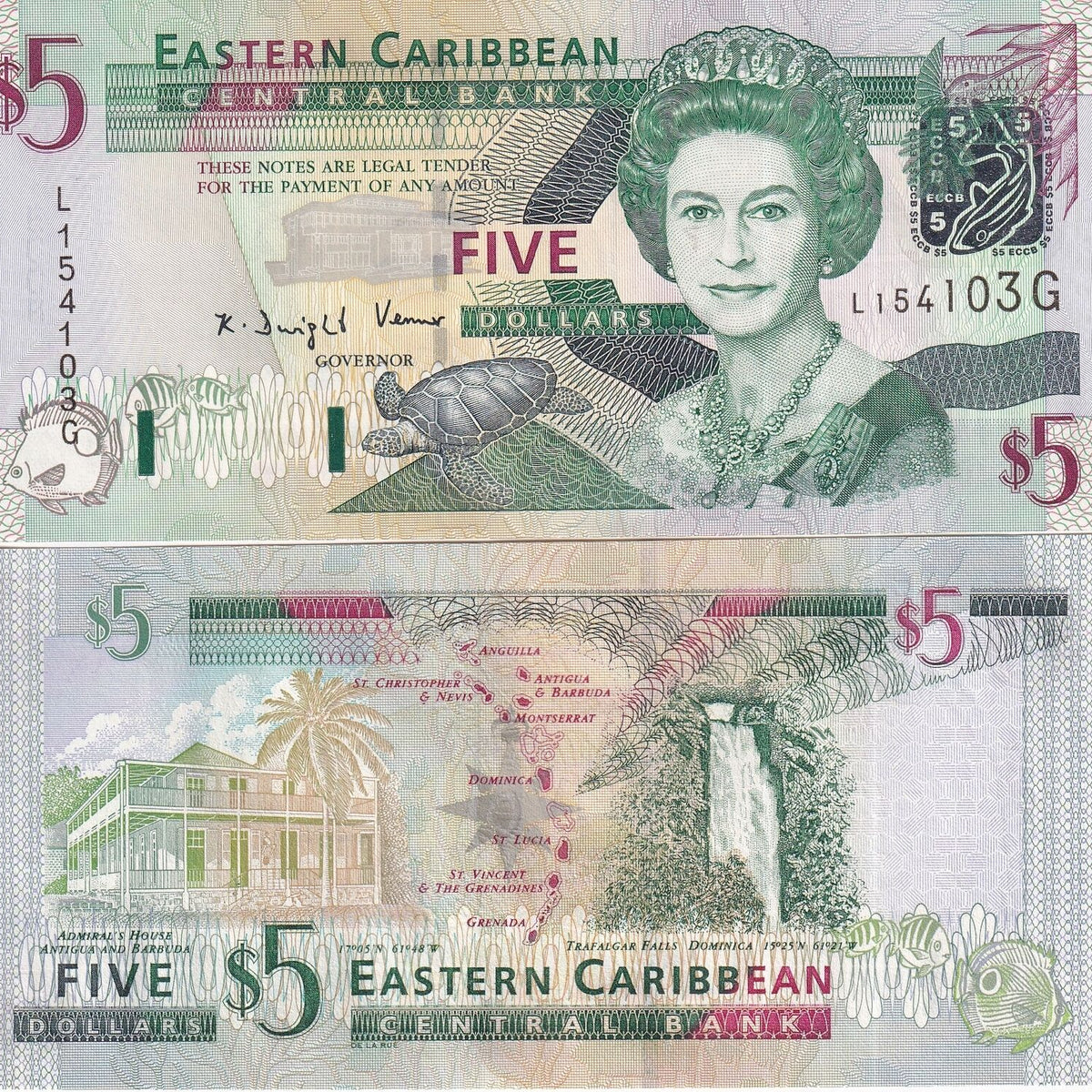 East Caribbean 5 Dollars 2003 Grenada P 42 g UNC – Noteshobby