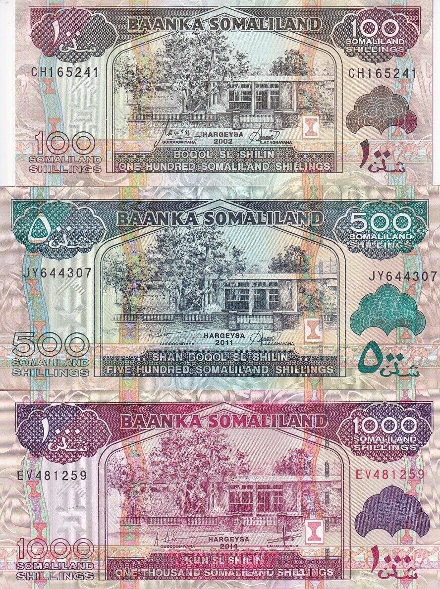 Somaliland SET 3 PCS 100 500 1000 SHILLINGS Random Date P 5 6 20 UNC ...