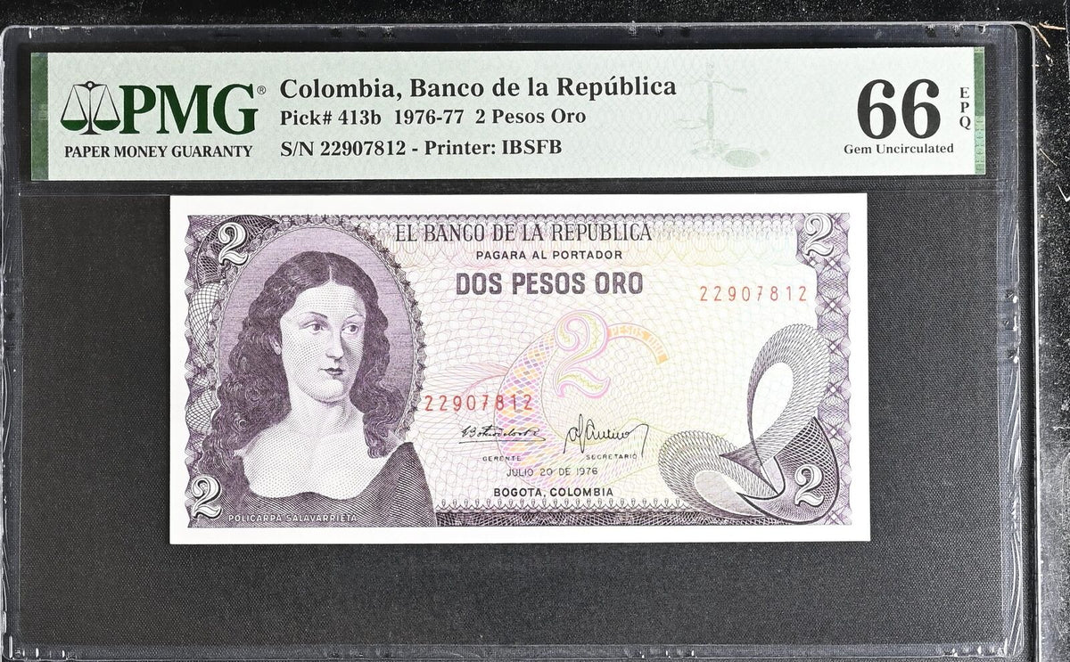 Colombia 2 Pesos Oro 1976 P 413 b Gem UNC PMG 66 EPQ – NotesHOBBY
