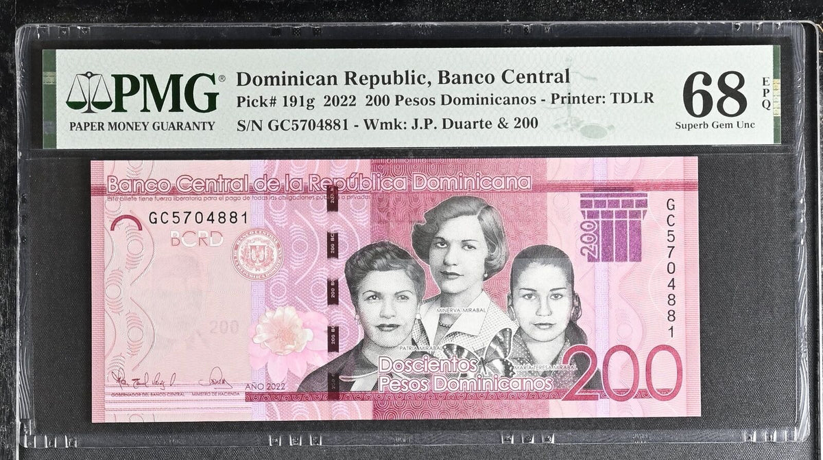 Dominican Republic 200 Pesos 2022 P 191 g Superb Gem UNC PMG 68 EPQ TO ...