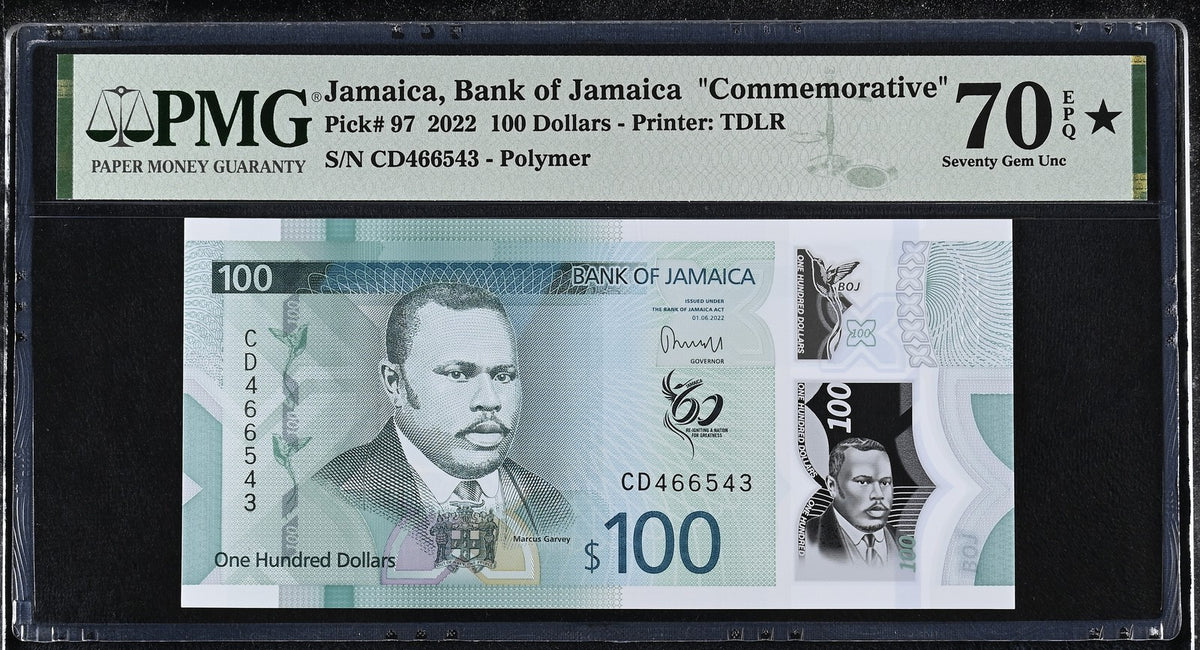 Jamaica 100 Dollars 2022 P 97 Comm. Superb Gem UNC PMG 70 EPQ Extra St ...