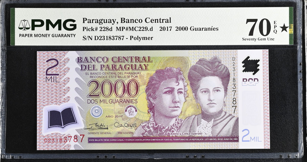 Paraguay 2000 Guaranies 2017 P 228 d Superb Gem UNC PMG 70 EPQ Extra S ...