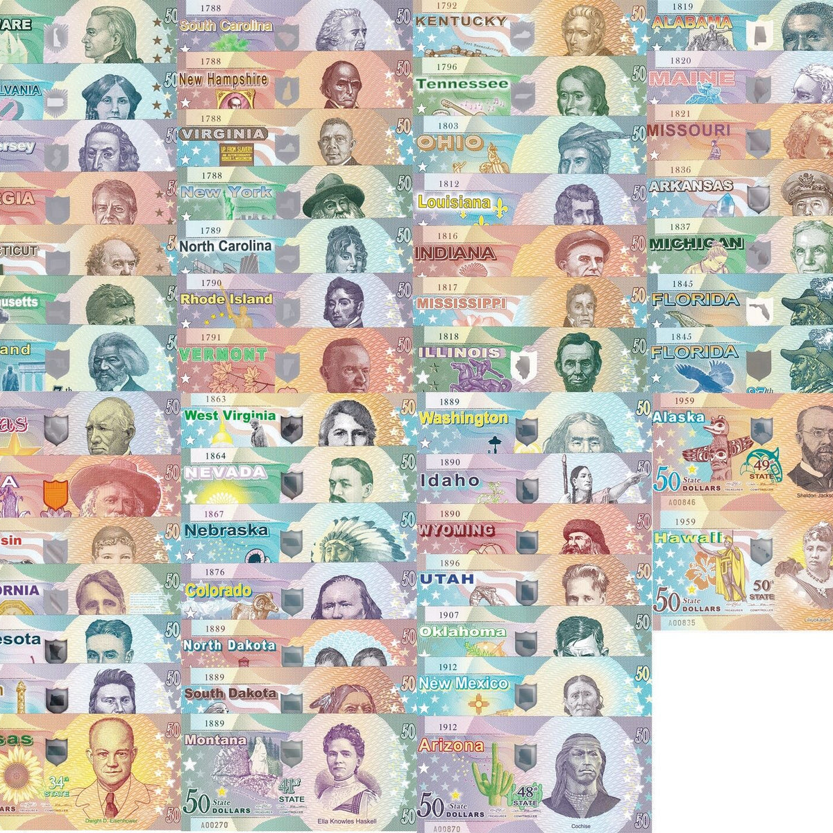 USA United State Set 51 PCS 50 Dollar Polymer 1st- 27th X2 50th Florid ...