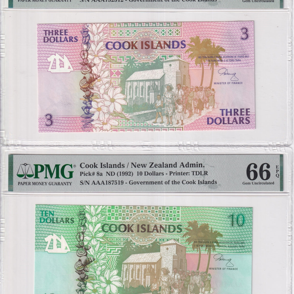 Cook Islands Set 2; 3 10 Dollars 1992 P 7 a P 8 a Gem UNC PMG 66 EPQ ...