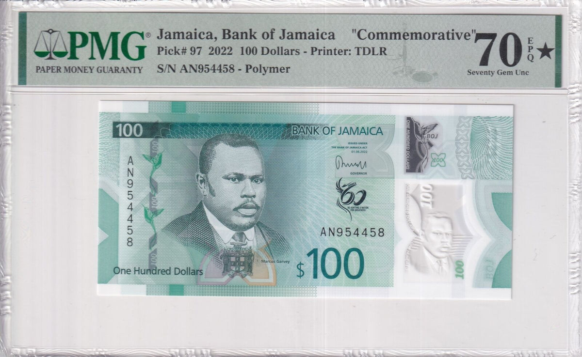 Jamaica 100 Dollars 2022 P 97 Superb Gem UNC PMG 70 EPQ Extra Star TOP ...