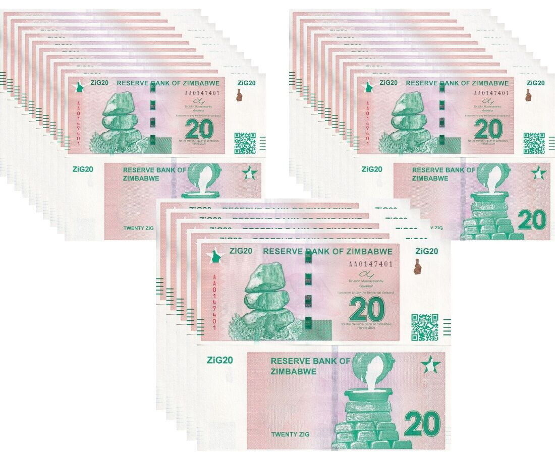 Zimbabwe 20 ZiG 2024 P NEW GOLD Reserve Backed LOT 25 UNC 1/4 BUNDLE ...