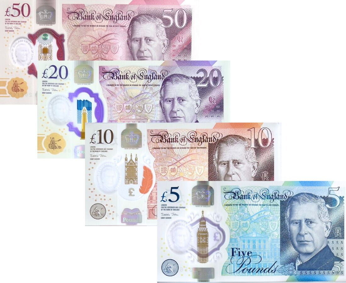 Great Britain Set 4 UNC 5 10 20 50 Pounds 2023/2024 Charles III NEW Po ...