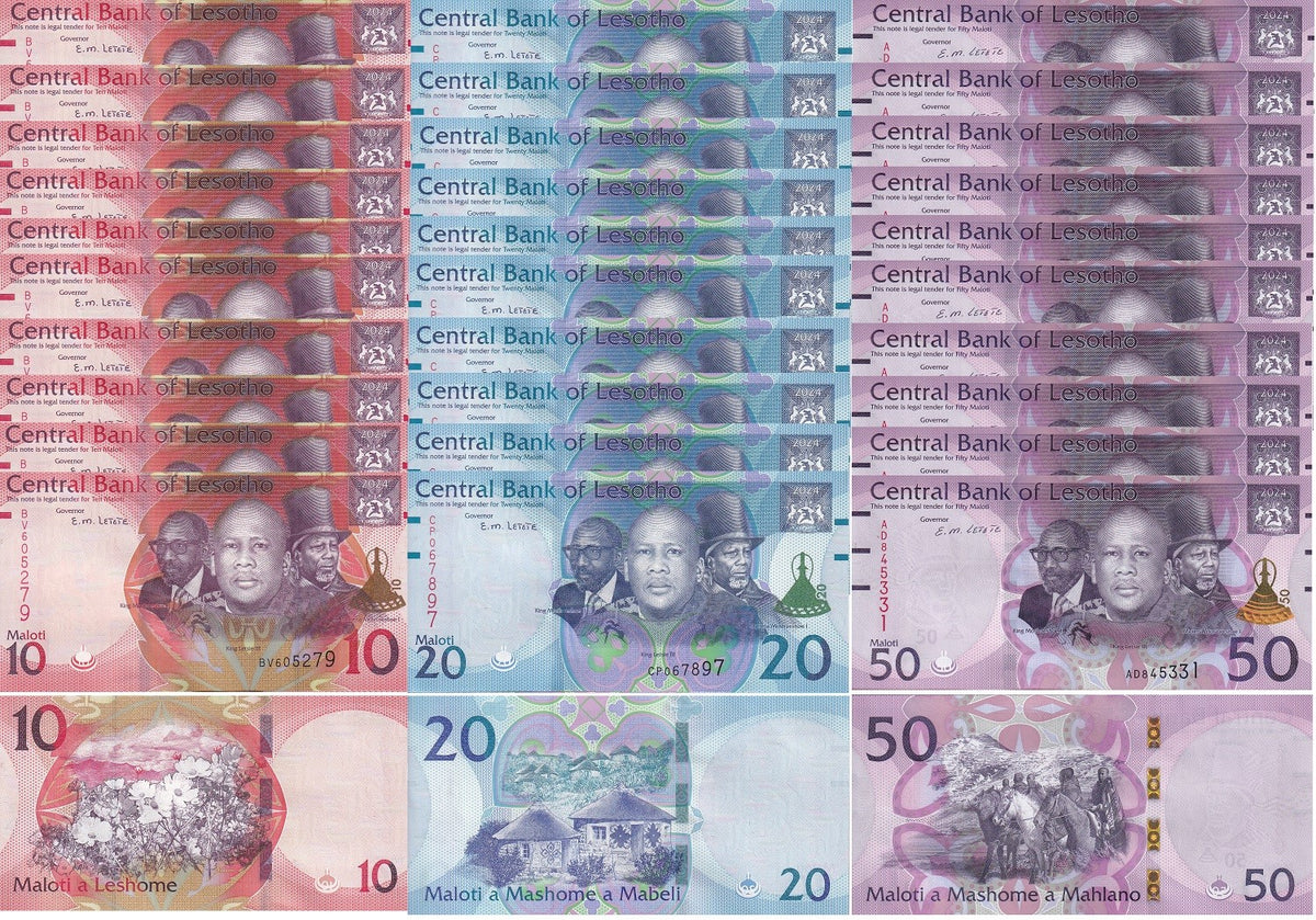 Lesotho SET 3 X 10 SETS = 30 UNC 10 20 50 Maloti 2024 2025 P New Hybri ...