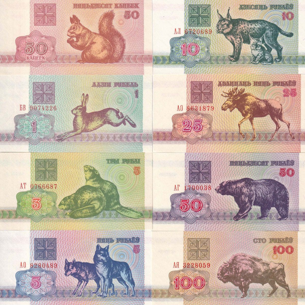 Belarus Set 8 UNC 50 Kapeek 1 3 5 10 25 50 100 Rublei 1992 P 1 2 3 4 5 ...