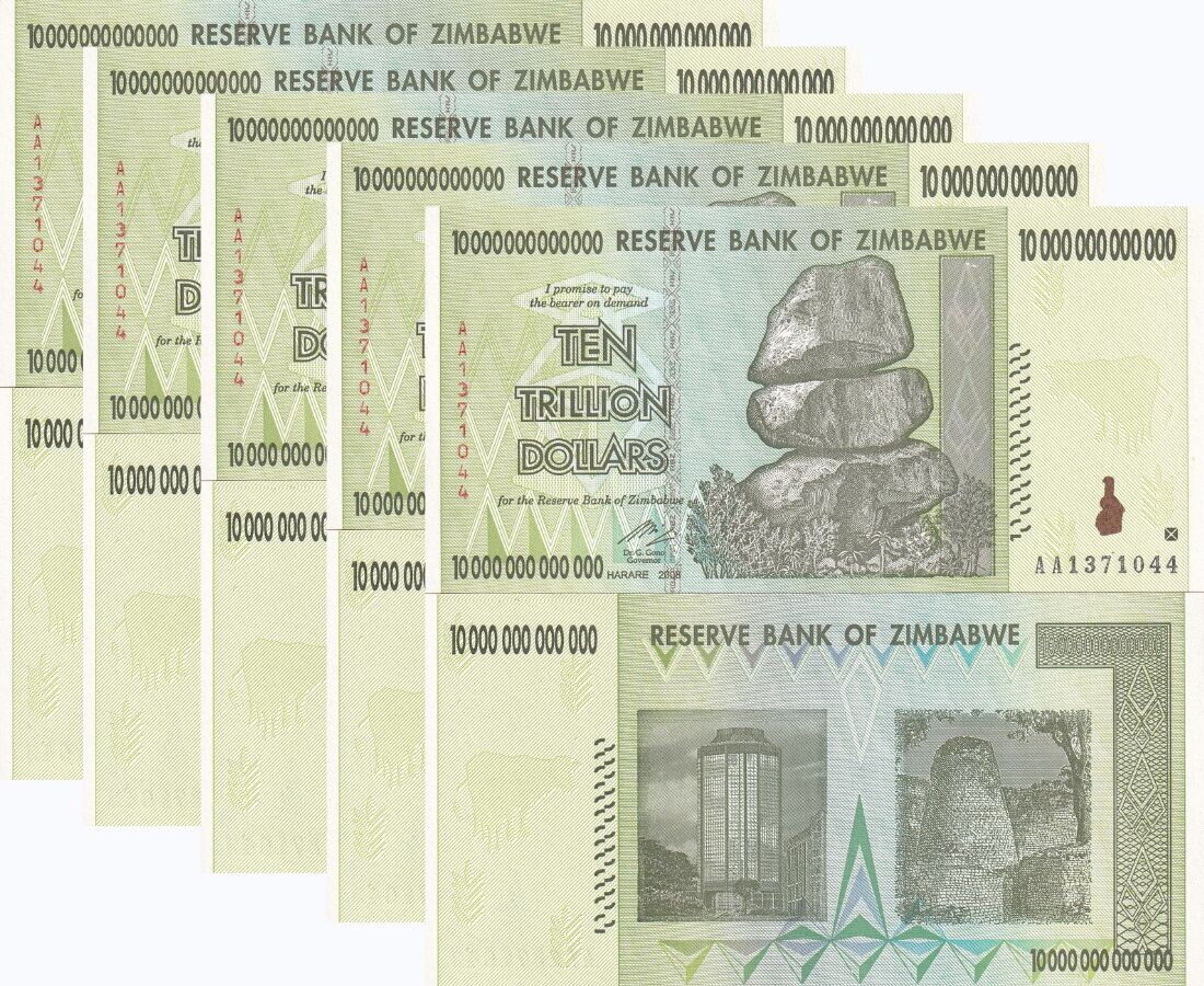 Zimbabwe 10 Trillion Dollars 2008 P 88 AA Prefix UNC LOT 5 Pcs – NotesHOBBY