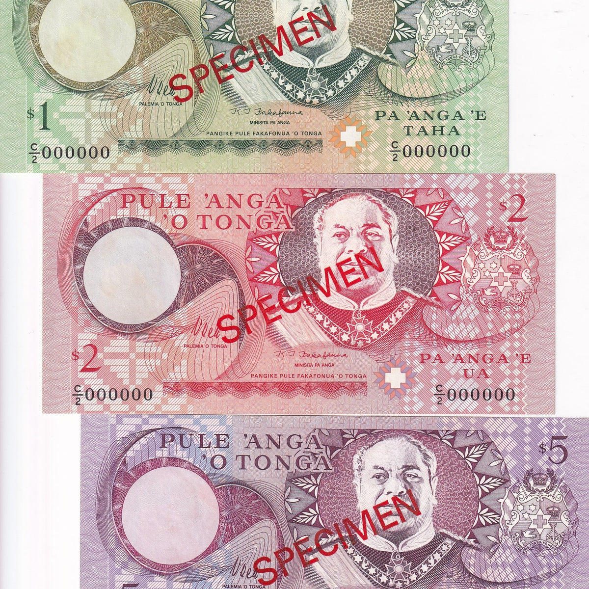 Tonga Set 3 UNC 1 2 5 Pa'anga ND 1995 P 31 P 32 33 SPECIMEN UNC ...