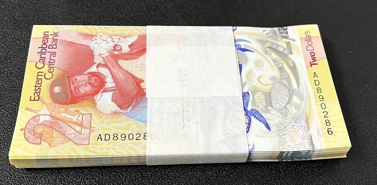 East Caribbean 2 Dollars 2023 2024 40th P 61 Polymer Comm. Lot 100 UNC ...