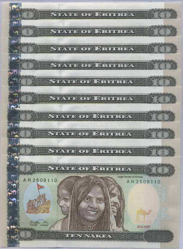 Eritrea 10 Nakfa 1997 P 3 UNC Lot 10 Pcs 1/10 Bundle – Noteshobby