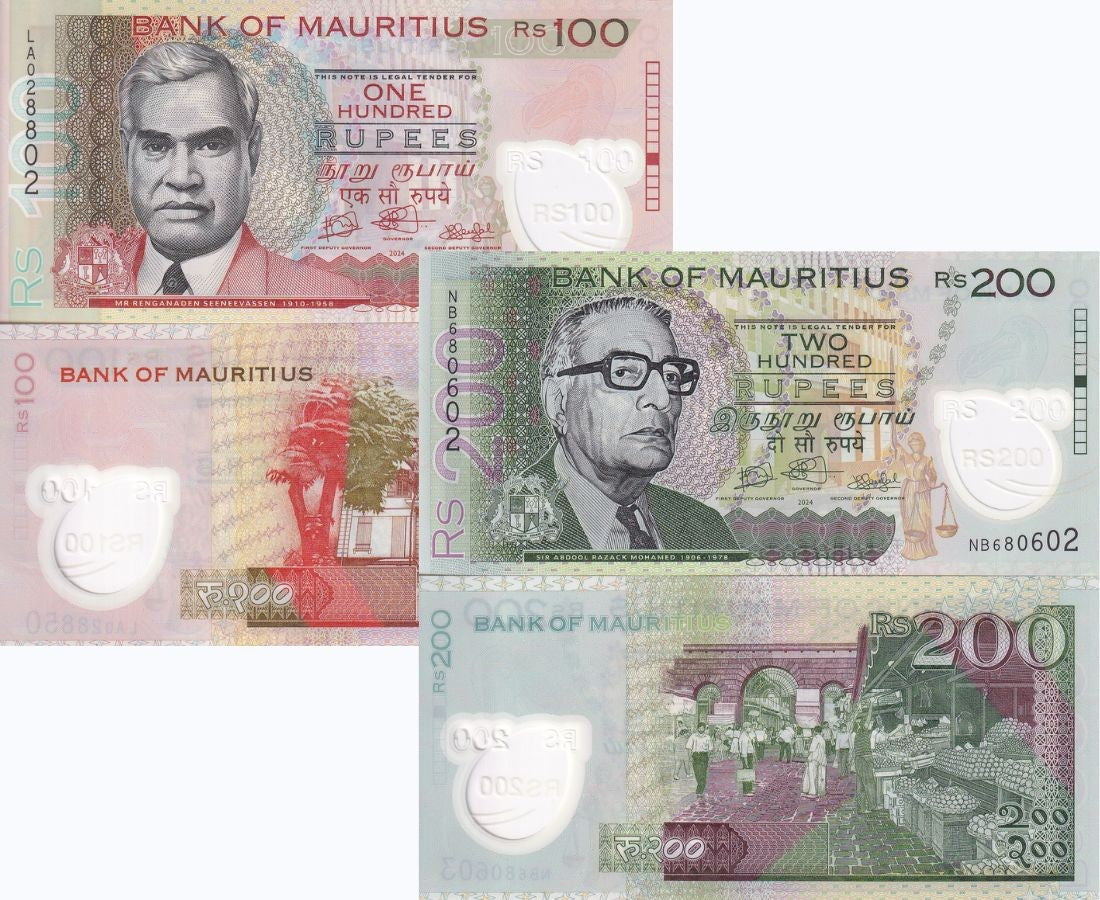 Mauritius Set 2 UNC 100 200 Rupees 2024/2025 Polymer P W65A P W65B NEW ...
