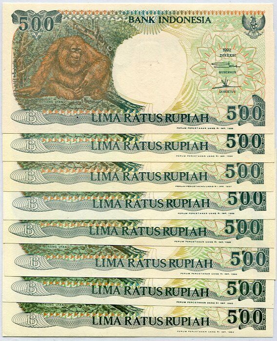 INDONESIA SET 8 UNC 500 RUPIAH 1992 1993 1994 1995 1996 1997 1998 1999 ...