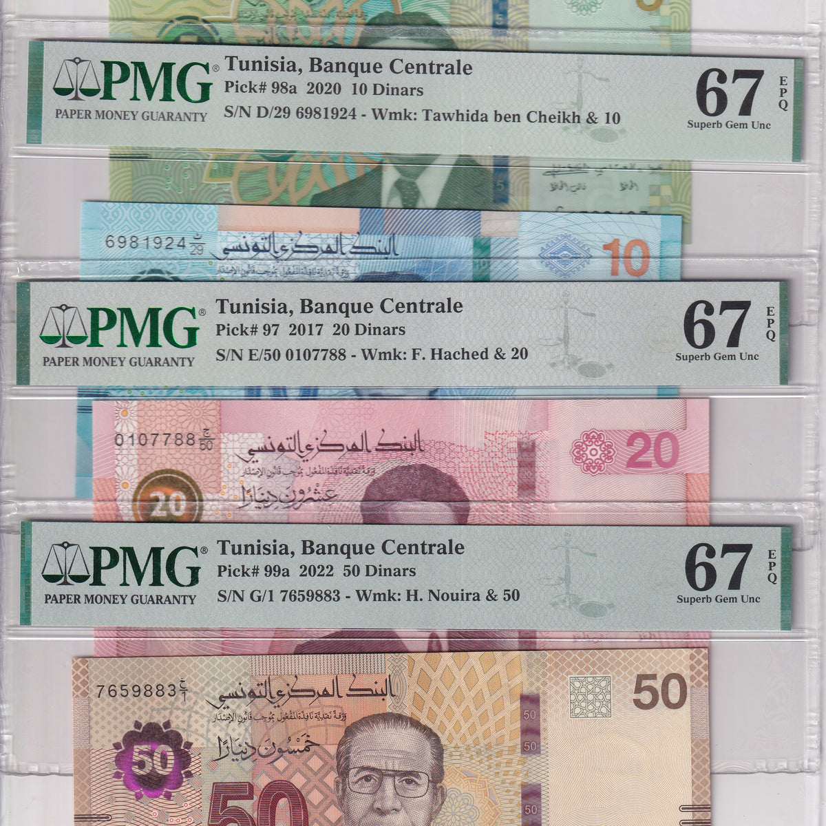 Tunisia Set 4; 5-20 50 Dinars 2017-22 P 97-P 99 Superb Gem UNC PMG 67 ...