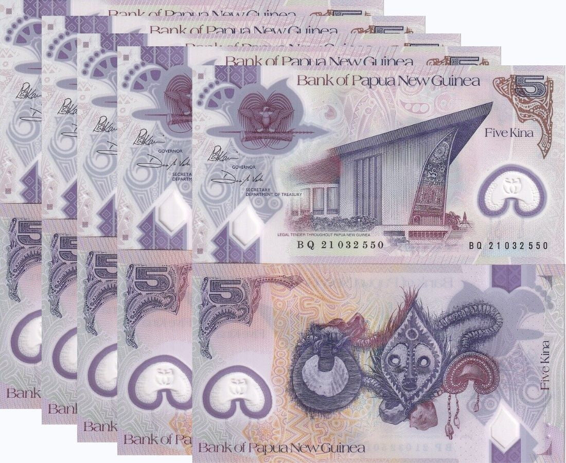 Papua New Guinea 5 Kina 2021 P 51 c Polymer UNC LOT 5 PCS – Noteshobby