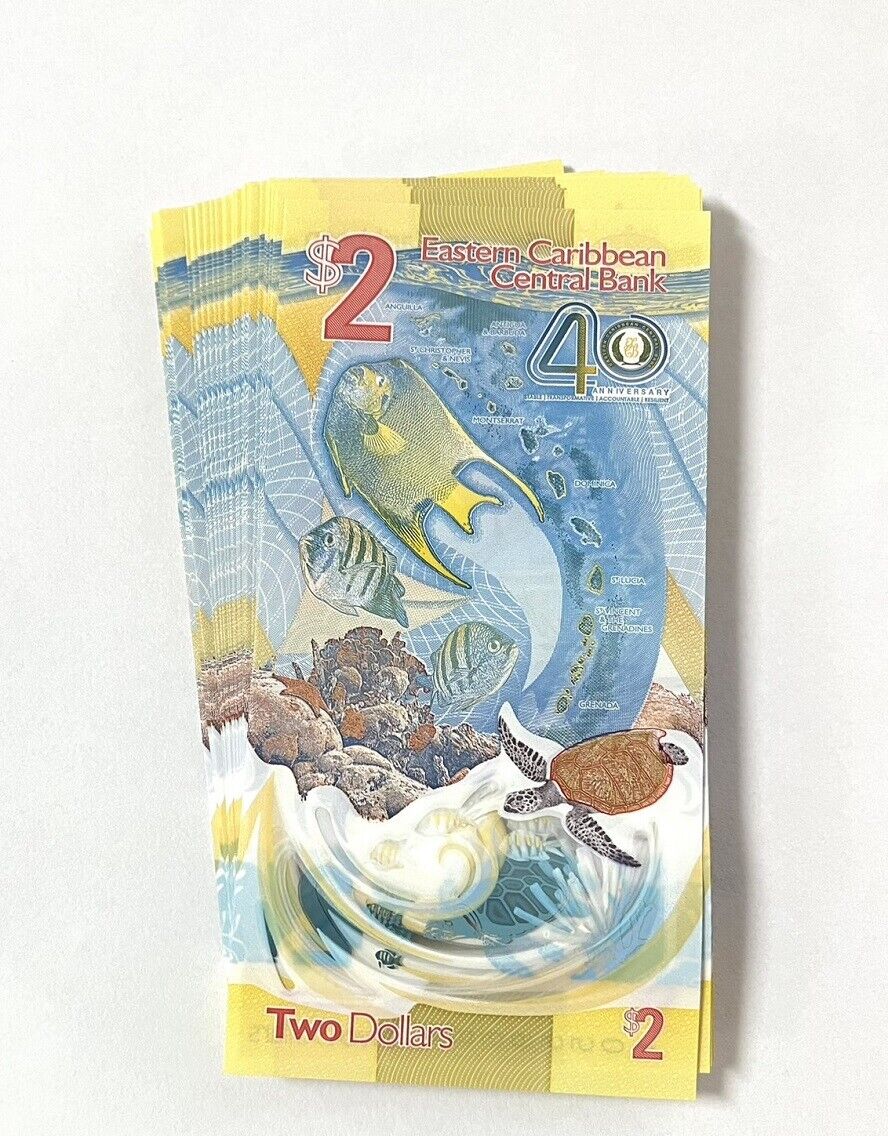 East Caribbean 2 Dollars 2023 2024 40th P 61 Polymer Viv Richards LOT ...