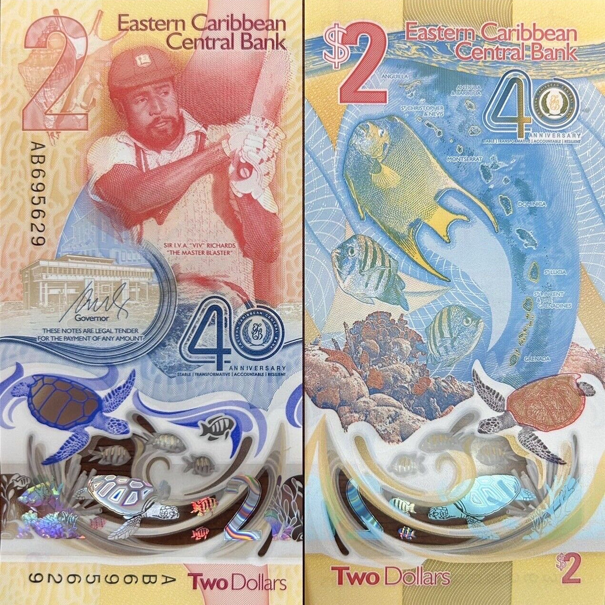 East Caribbean 2 Dollars 2023 2024 40th P 61 Polymer Commemorative UNC ...