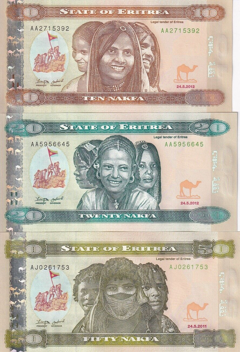 Eritrea Set 3 PCS 10 20 50 Nakfa 2011-2012 P 9 11 12 UNC – Noteshobby